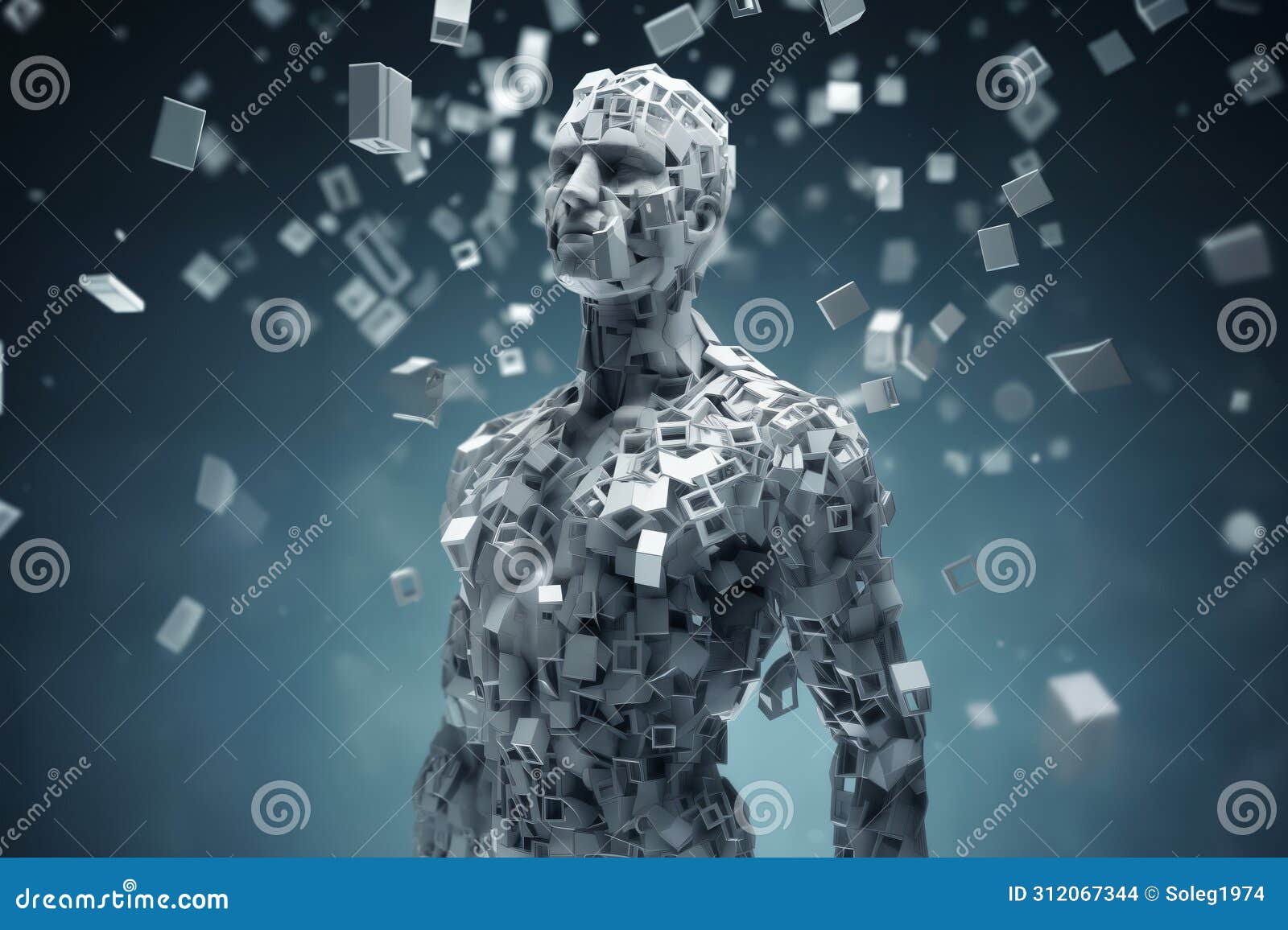 A Human Body Made of Squares and Cubes, Standing in Front of a Digital ...