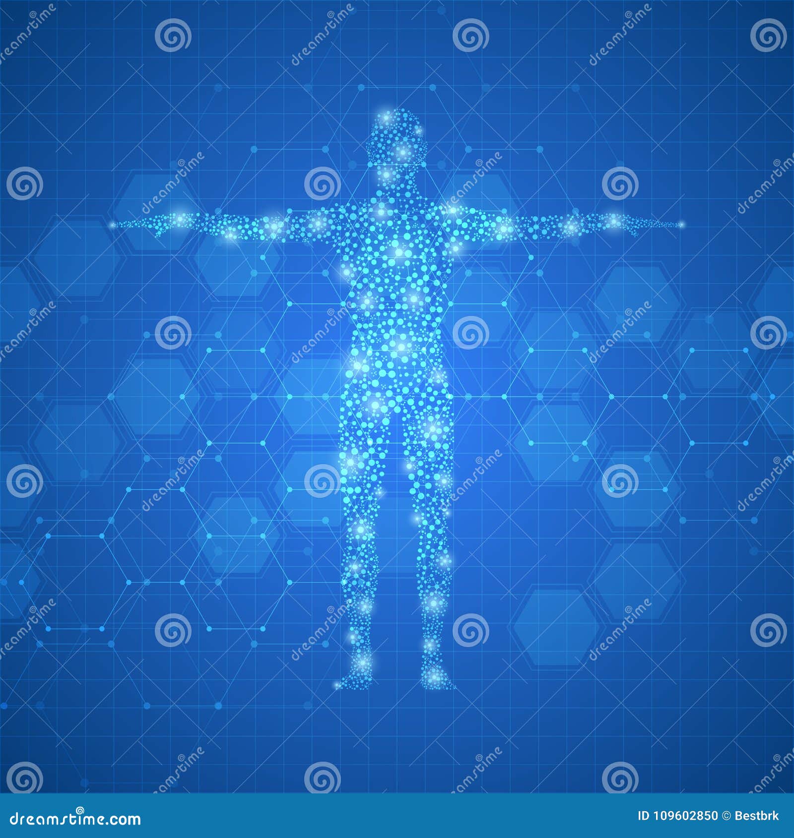 Human Body with Molecules DNA on Medical Abstract Background. Stock ...