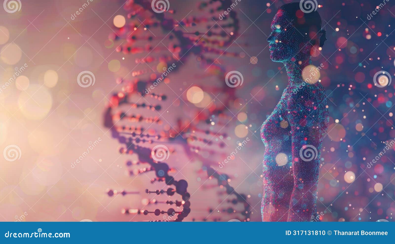 A Human Body Silhouette Alongside A Dna Helix Representing Biotechnologies Ai Generated Stock