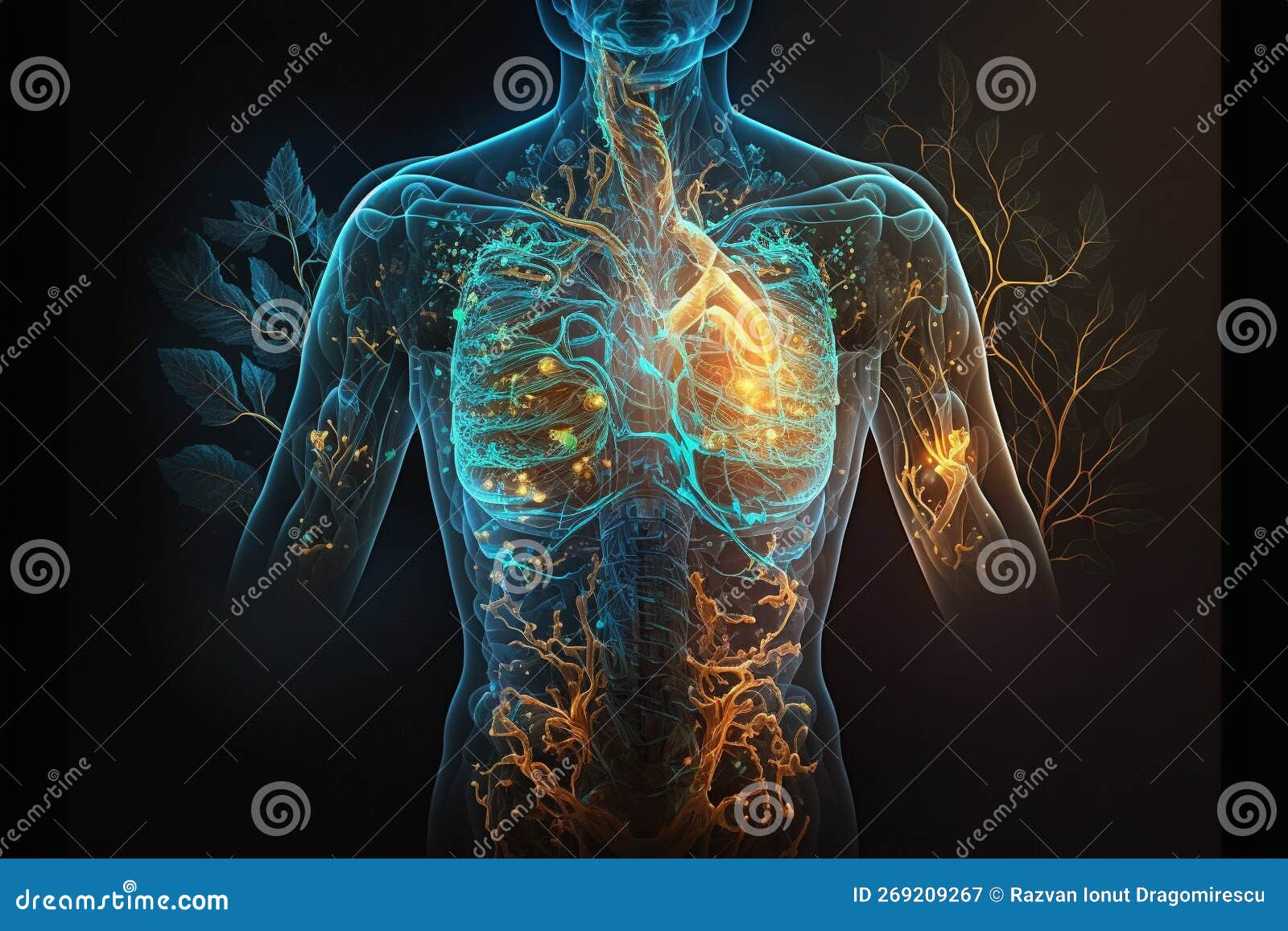 Human Body with Transparency, Featuring Bioluminescent Lines that ...