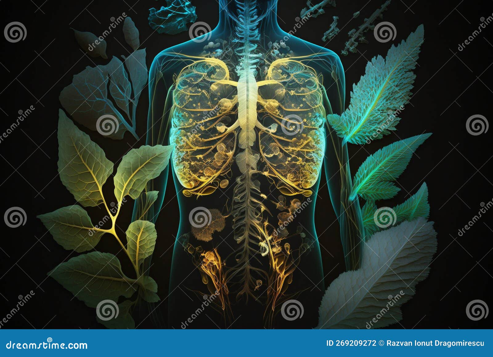 Human Body with Transparency, Featuring Bioluminescent Lines that ...