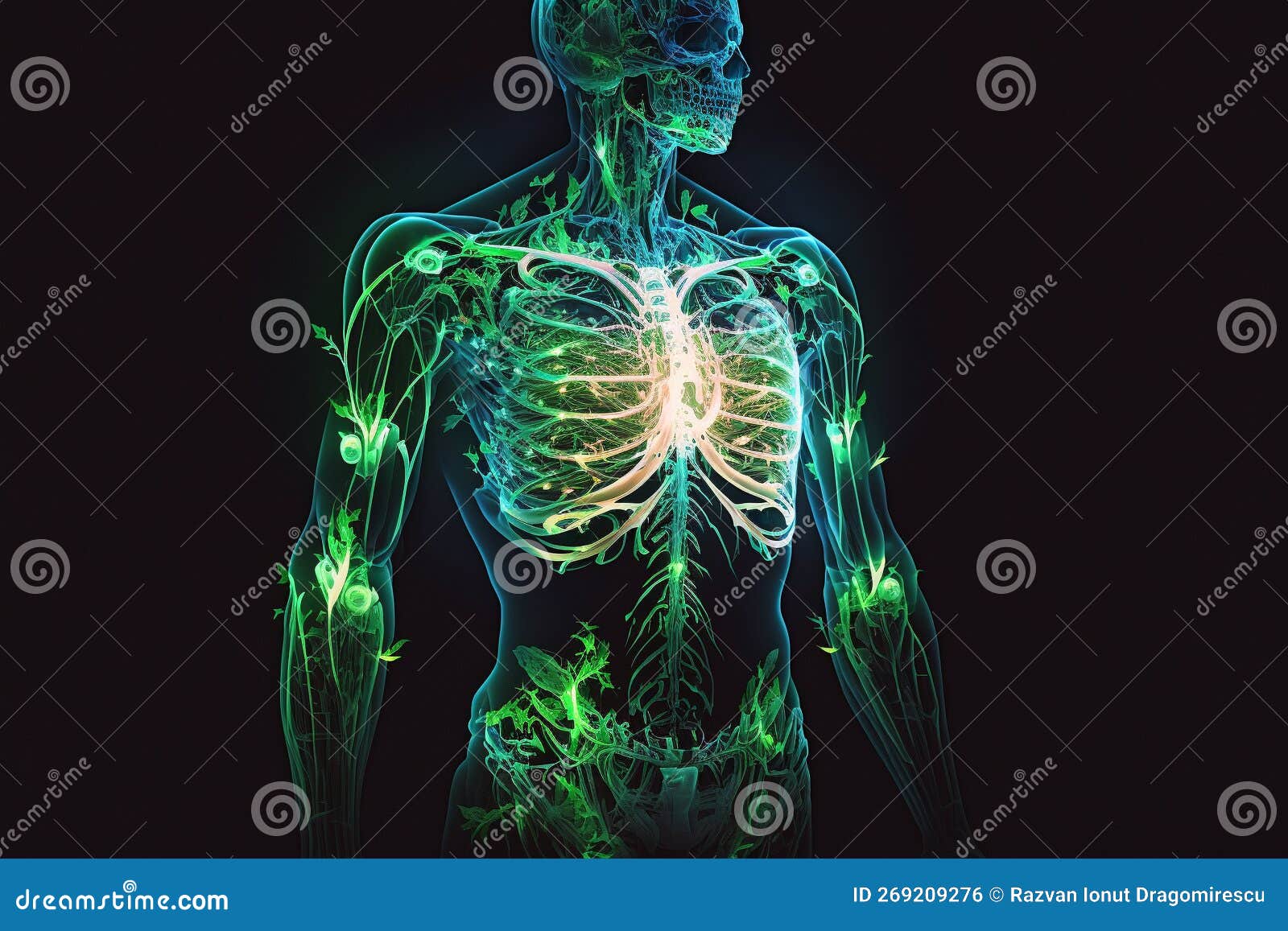 Human Body with Transparency, Featuring Bioluminescent Lines that ...