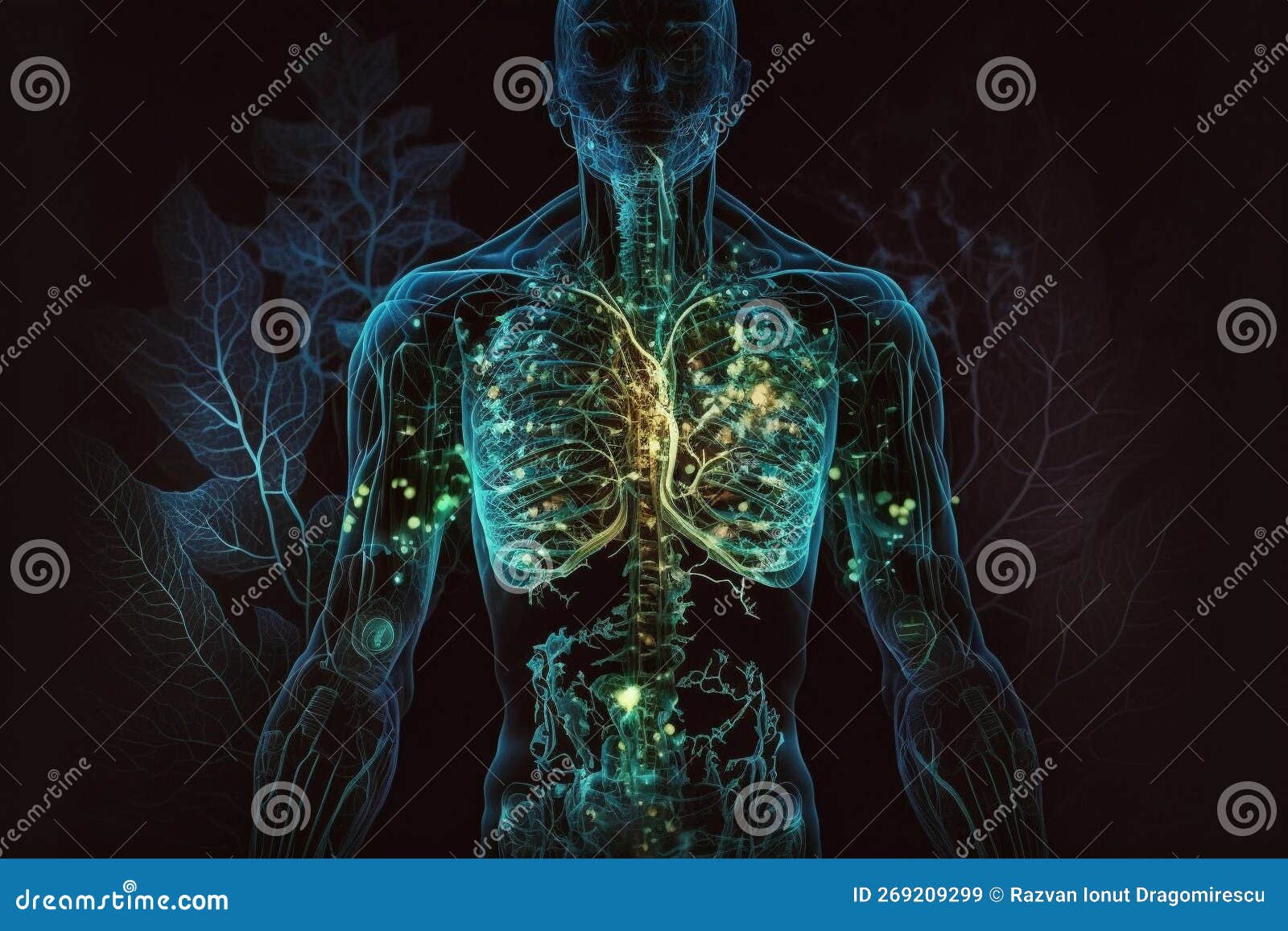 Human Body with Transparency, Featuring Bioluminescent Lines that ...
