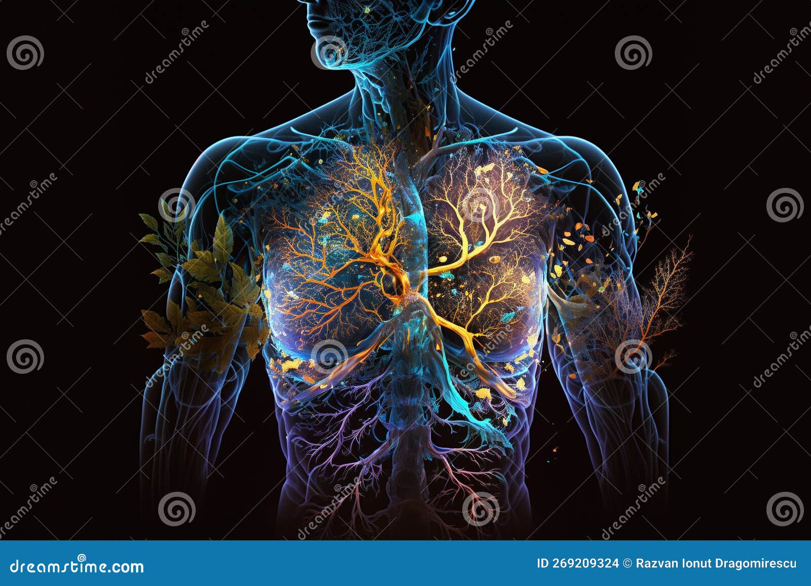 Human Body with Transparency, Featuring Bioluminescent Lines that ...
