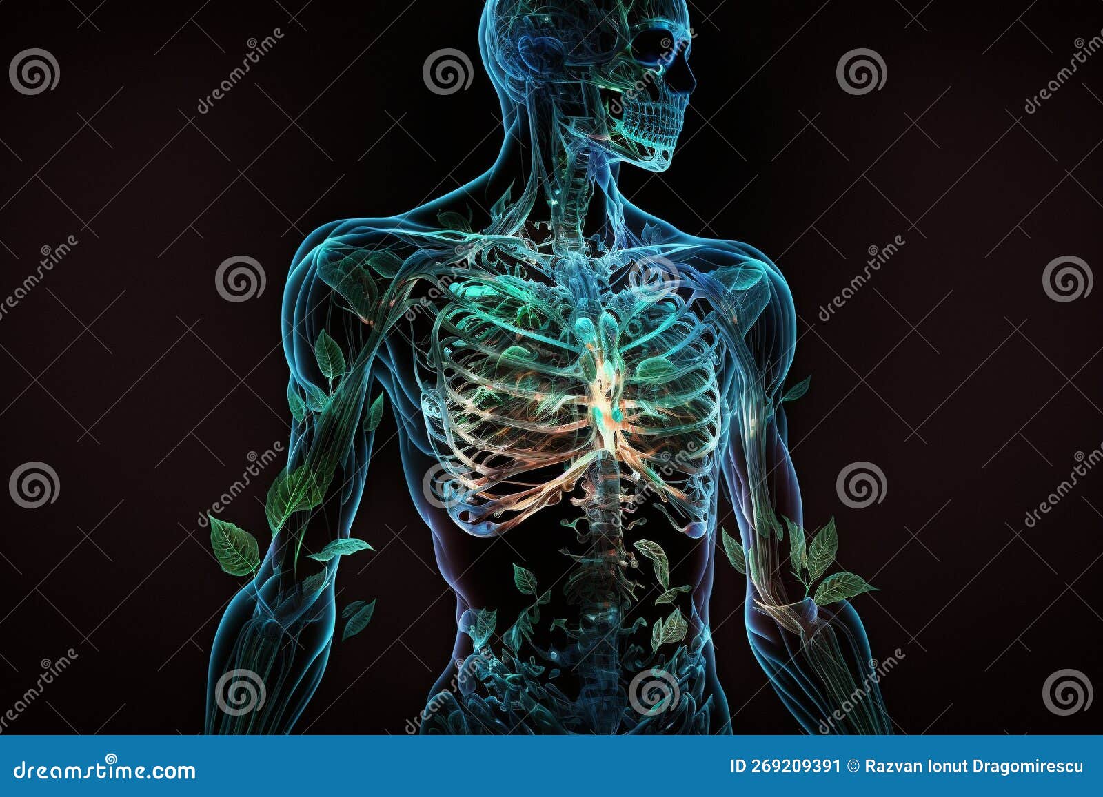 Human Body with Transparency, Featuring Bioluminescent Lines that ...