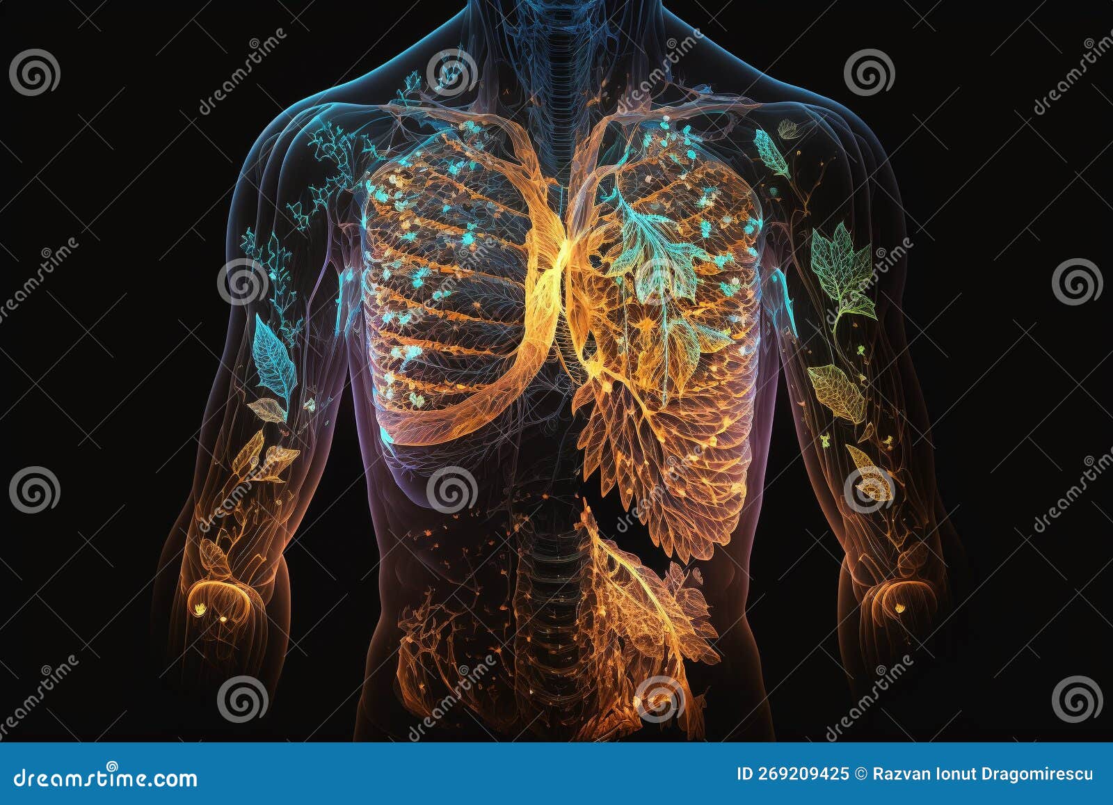 Human Body with Transparency, Featuring Bioluminescent Lines that ...