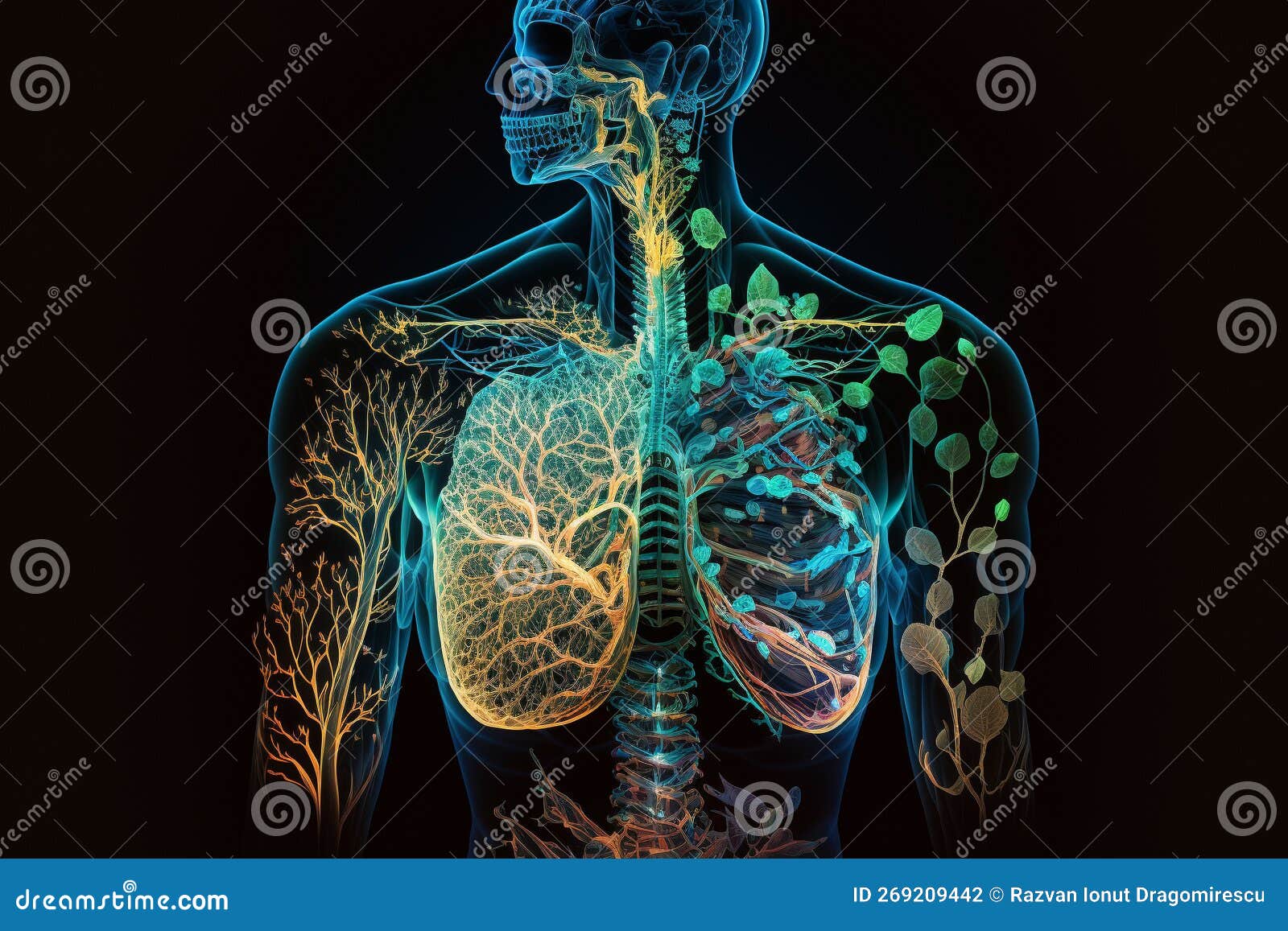 Human Body with Transparency, Featuring Bioluminescent Lines that ...