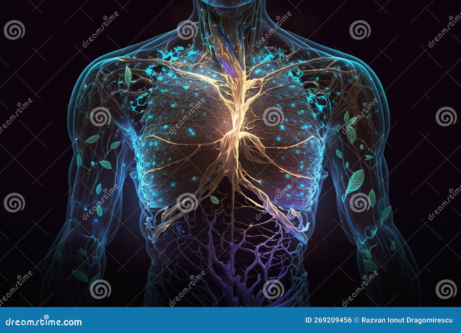 Human Body with Transparency, Featuring Bioluminescent Lines that ...