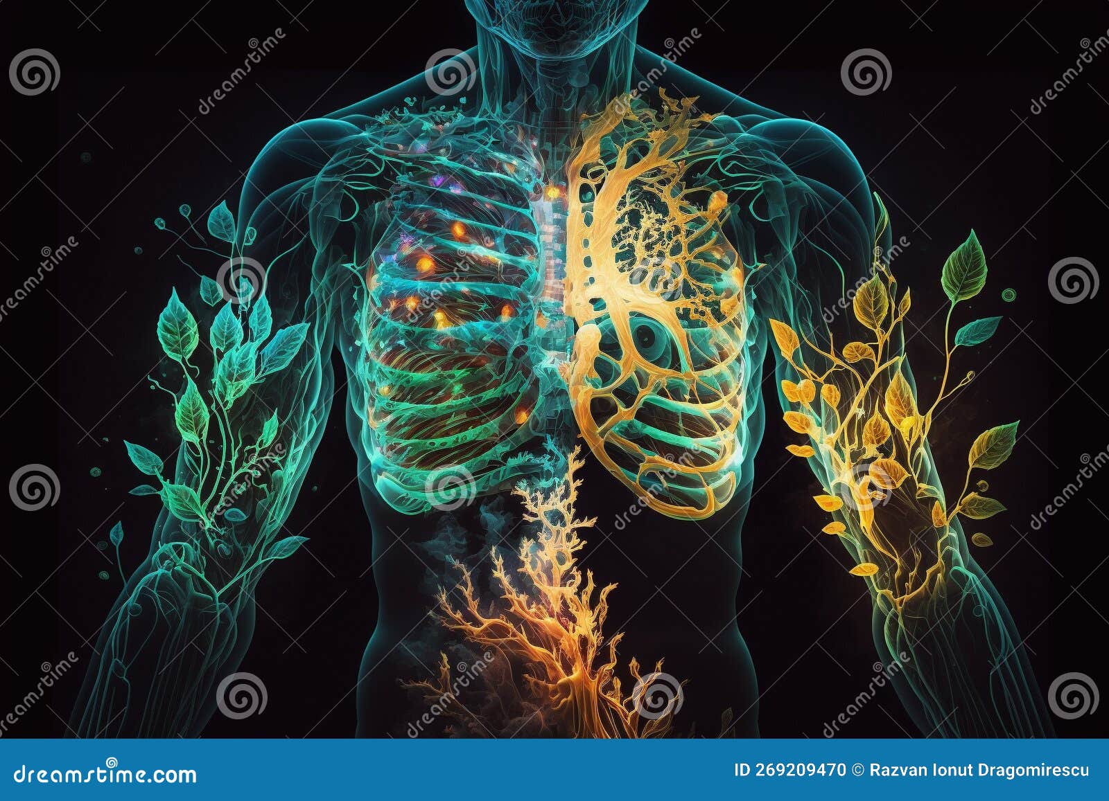 Human Body with Transparency, Featuring Bioluminescent Lines that ...