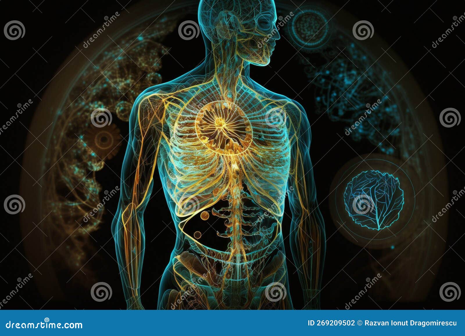 Human Body with Transparency, Featuring Bioluminescent Lines that ...
