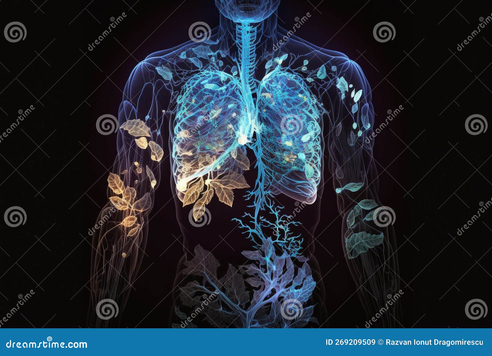 Human Body with Transparency, Featuring Bioluminescent Lines that ...