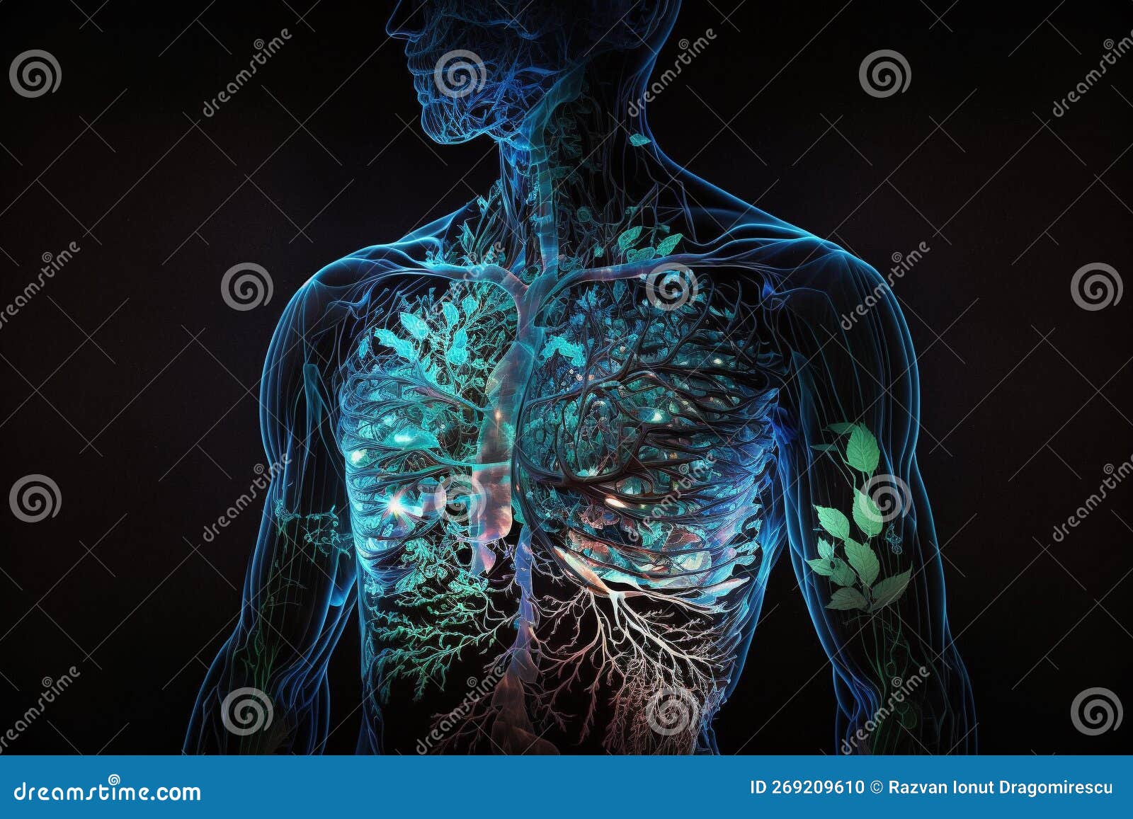 Human Body with Transparency, Featuring Bioluminescent Lines that ...