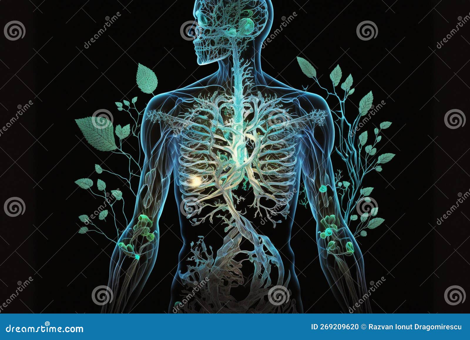 Human Body with Transparency, Featuring Bioluminescent Lines that ...