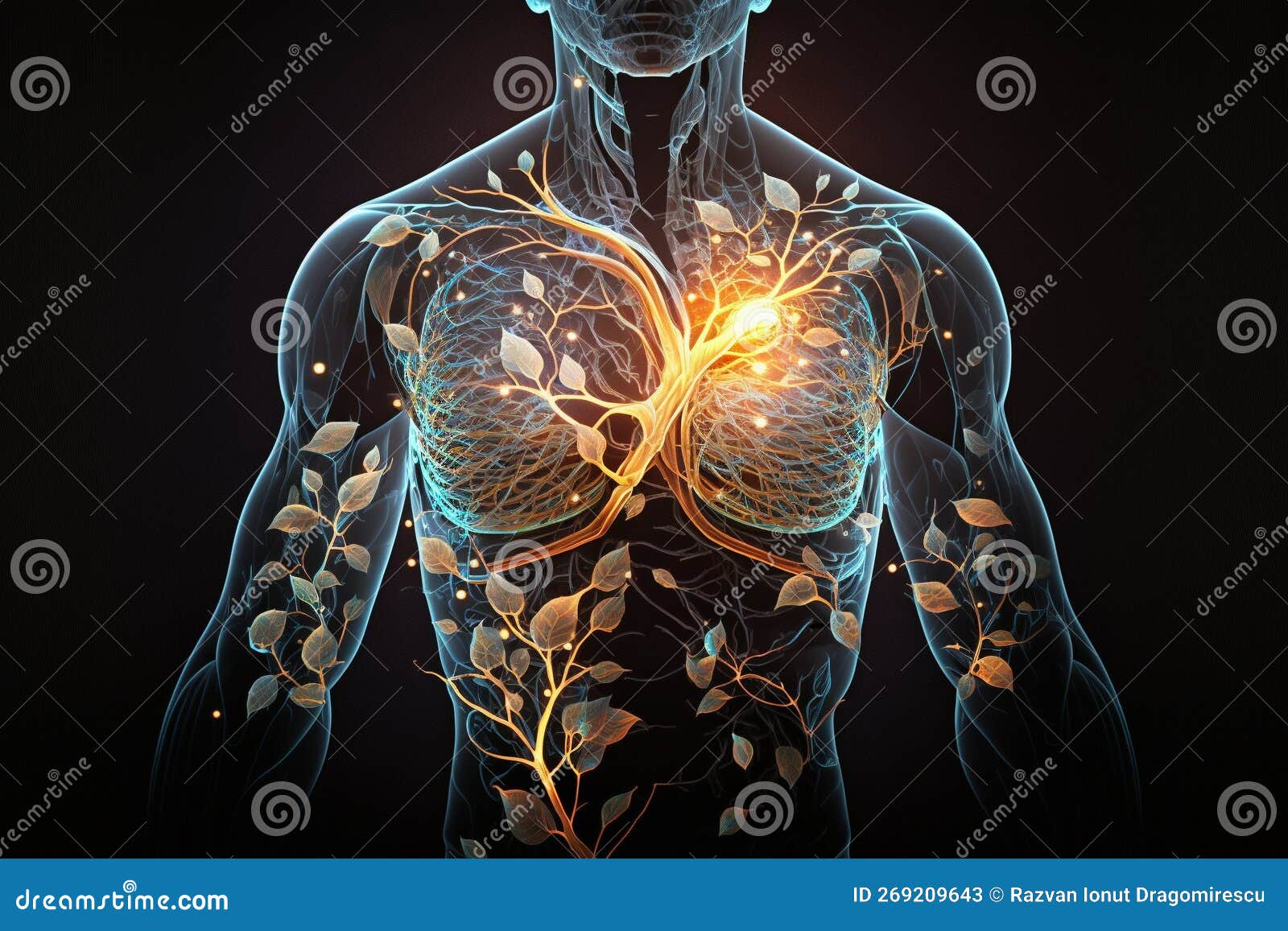 Human Body with Transparency, Featuring Bioluminescent Lines that ...