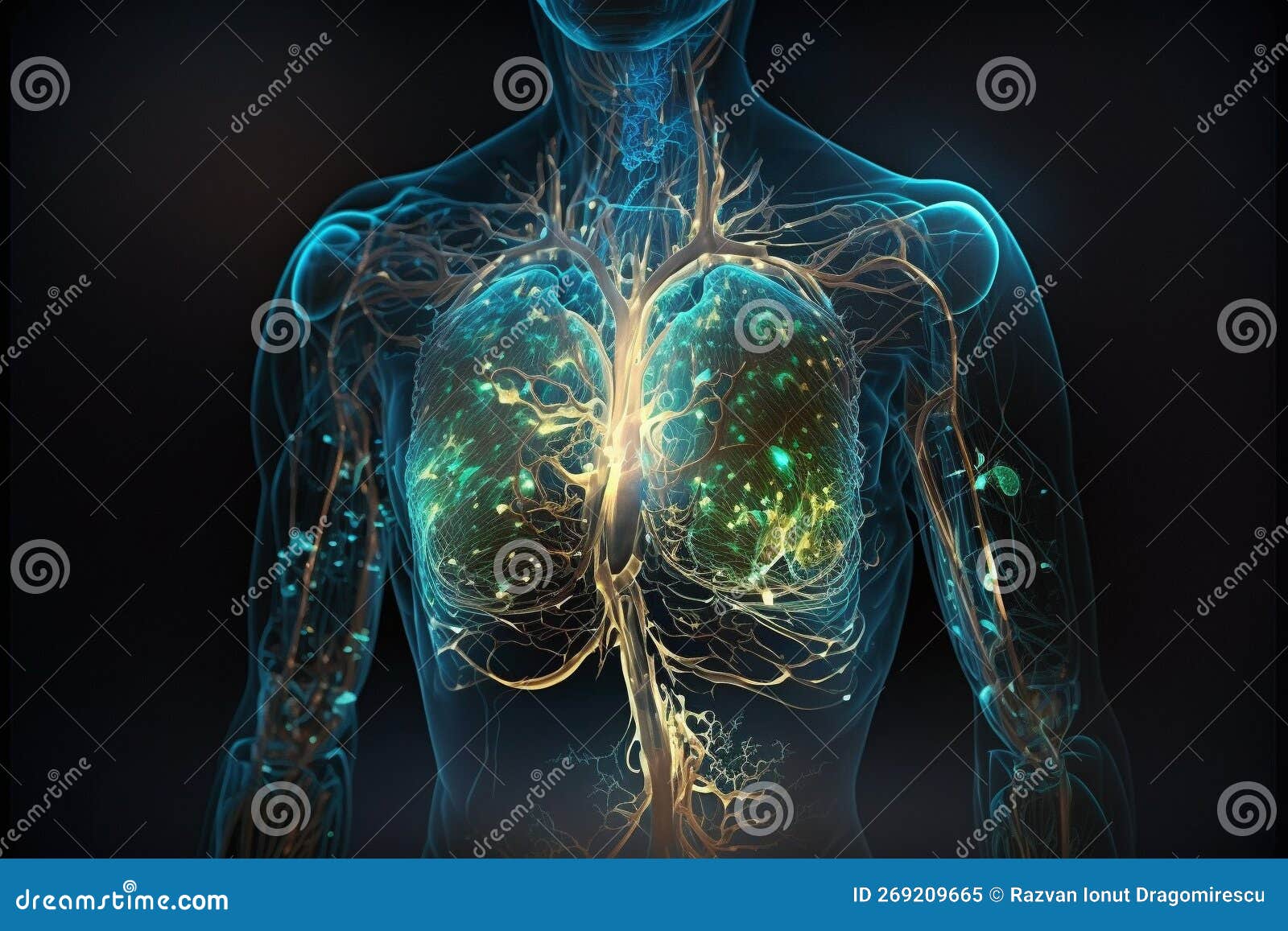 Human Body with Transparency, Featuring Bioluminescent Lines that ...