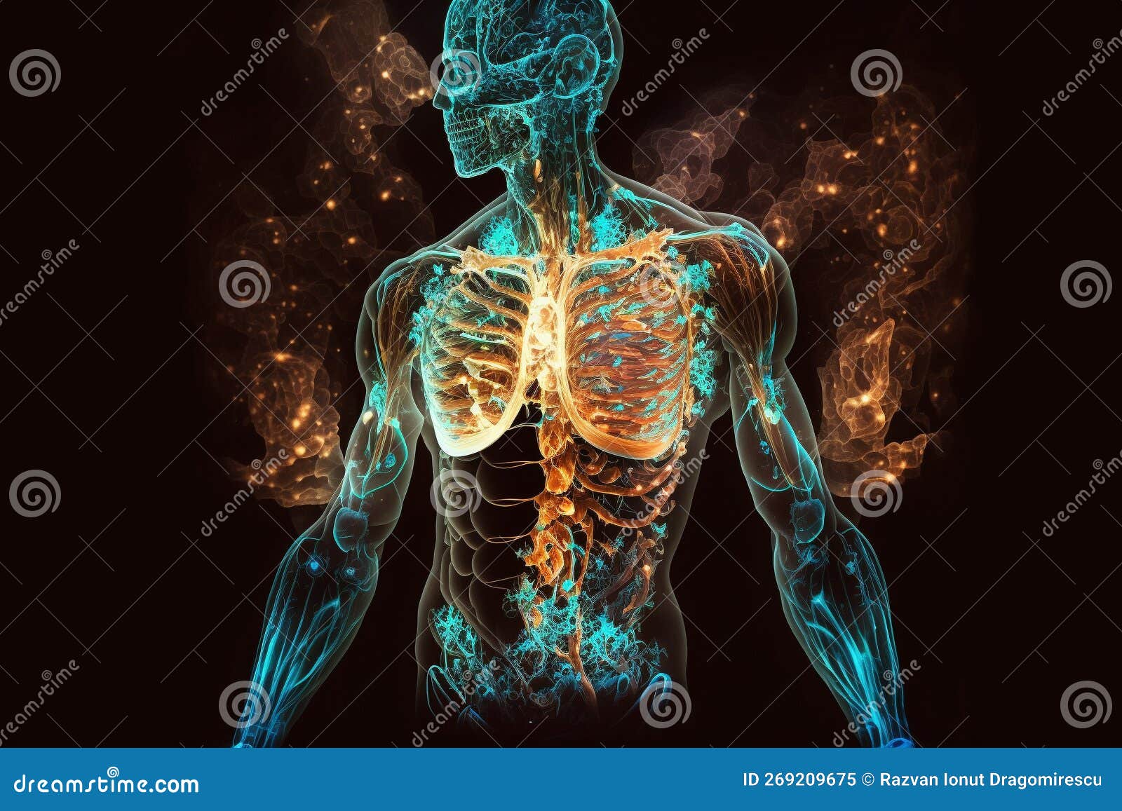 Human Body with Transparency, Featuring Bioluminescent Lines that ...