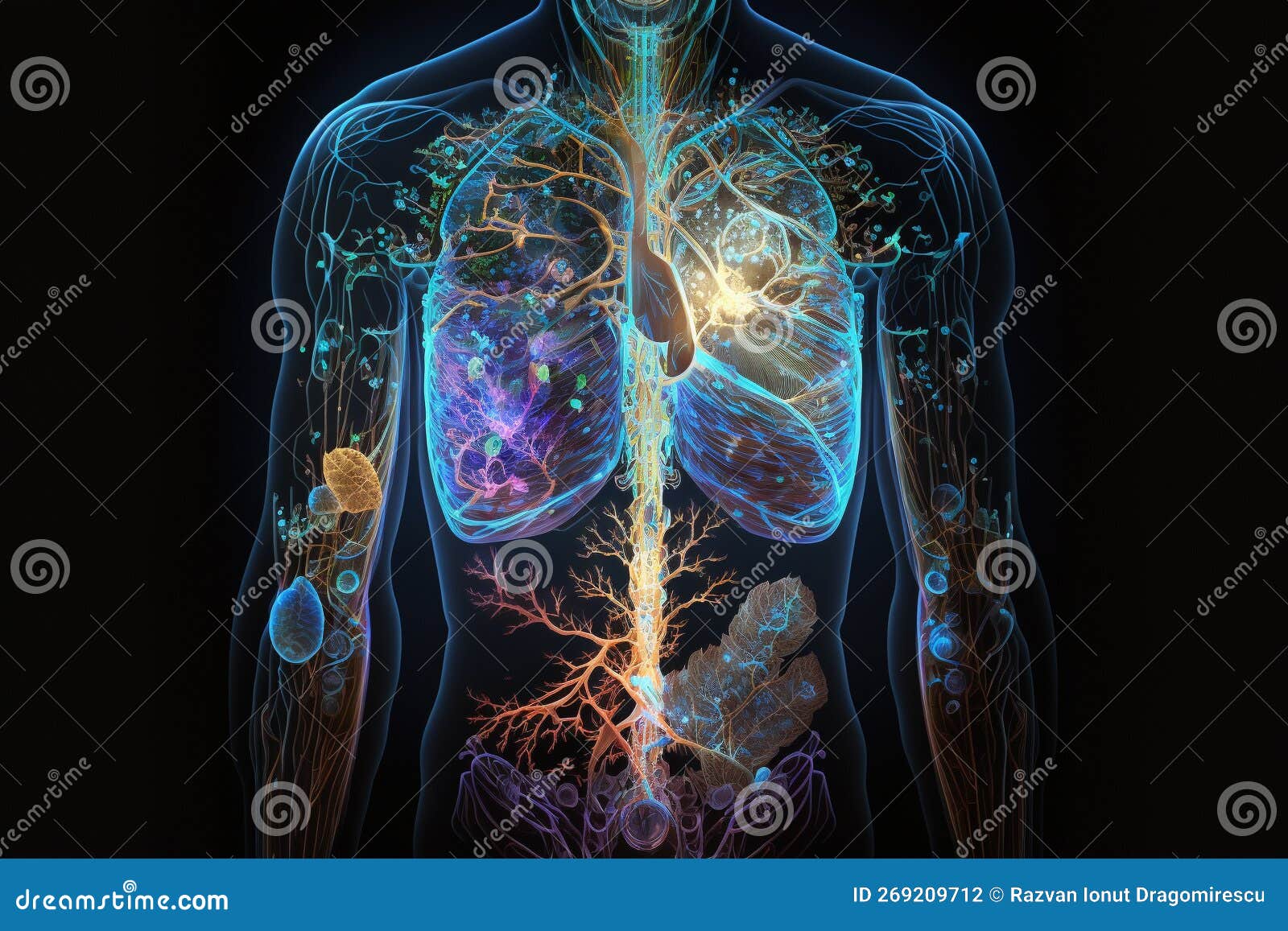 Human Body with Transparency, Featuring Bioluminescent Lines that ...