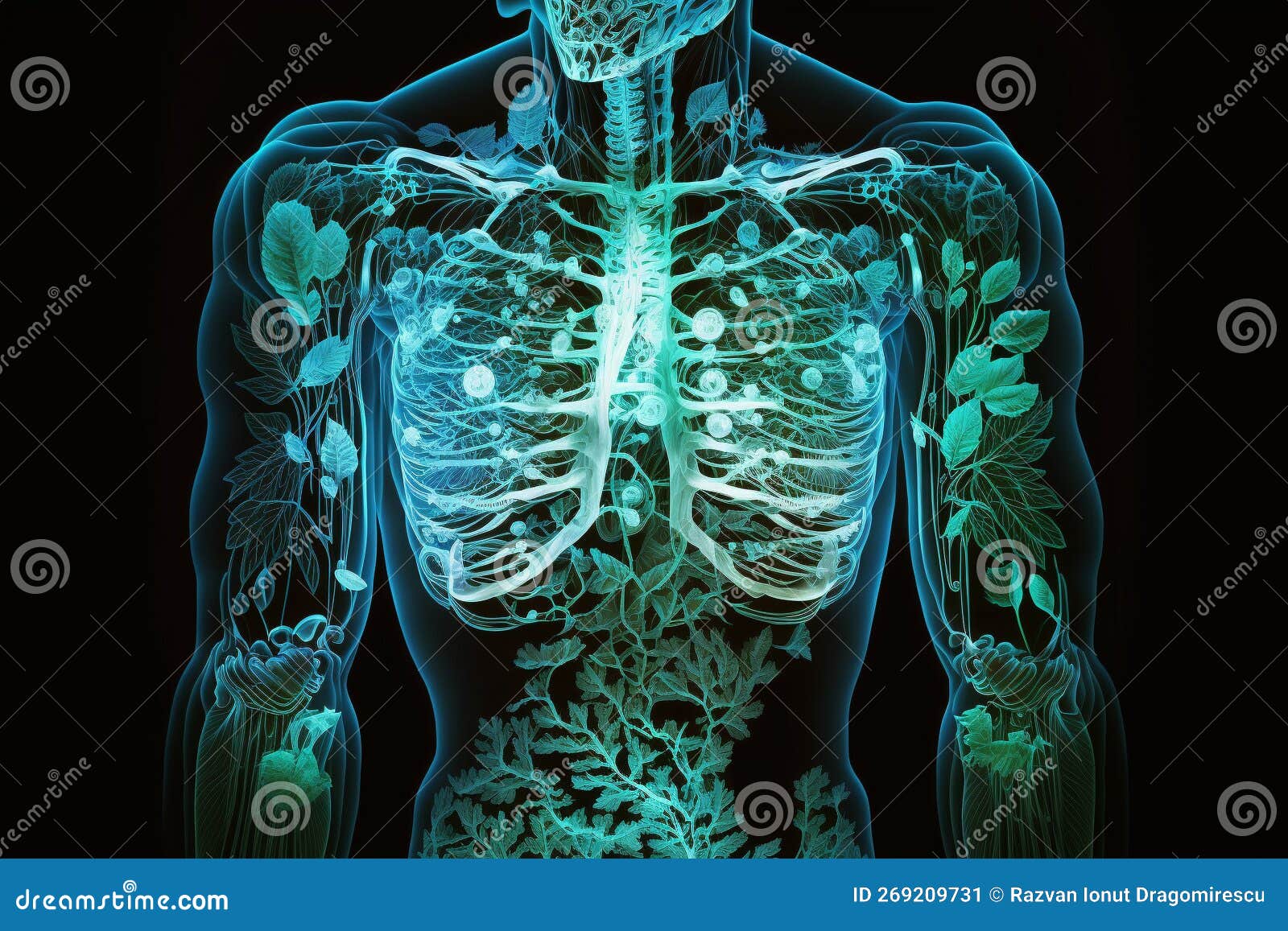 Human Body with Transparency, Featuring Bioluminescent Lines that ...