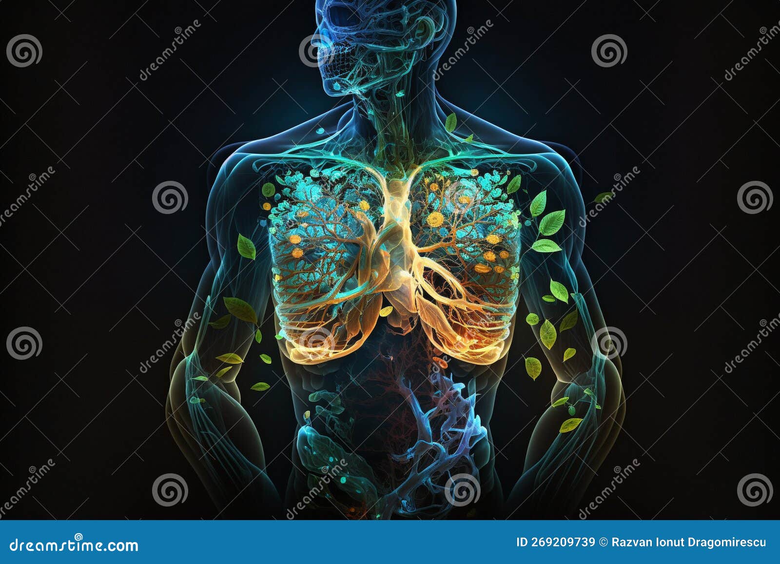 Human Body with Transparency, Featuring Bioluminescent Lines that ...