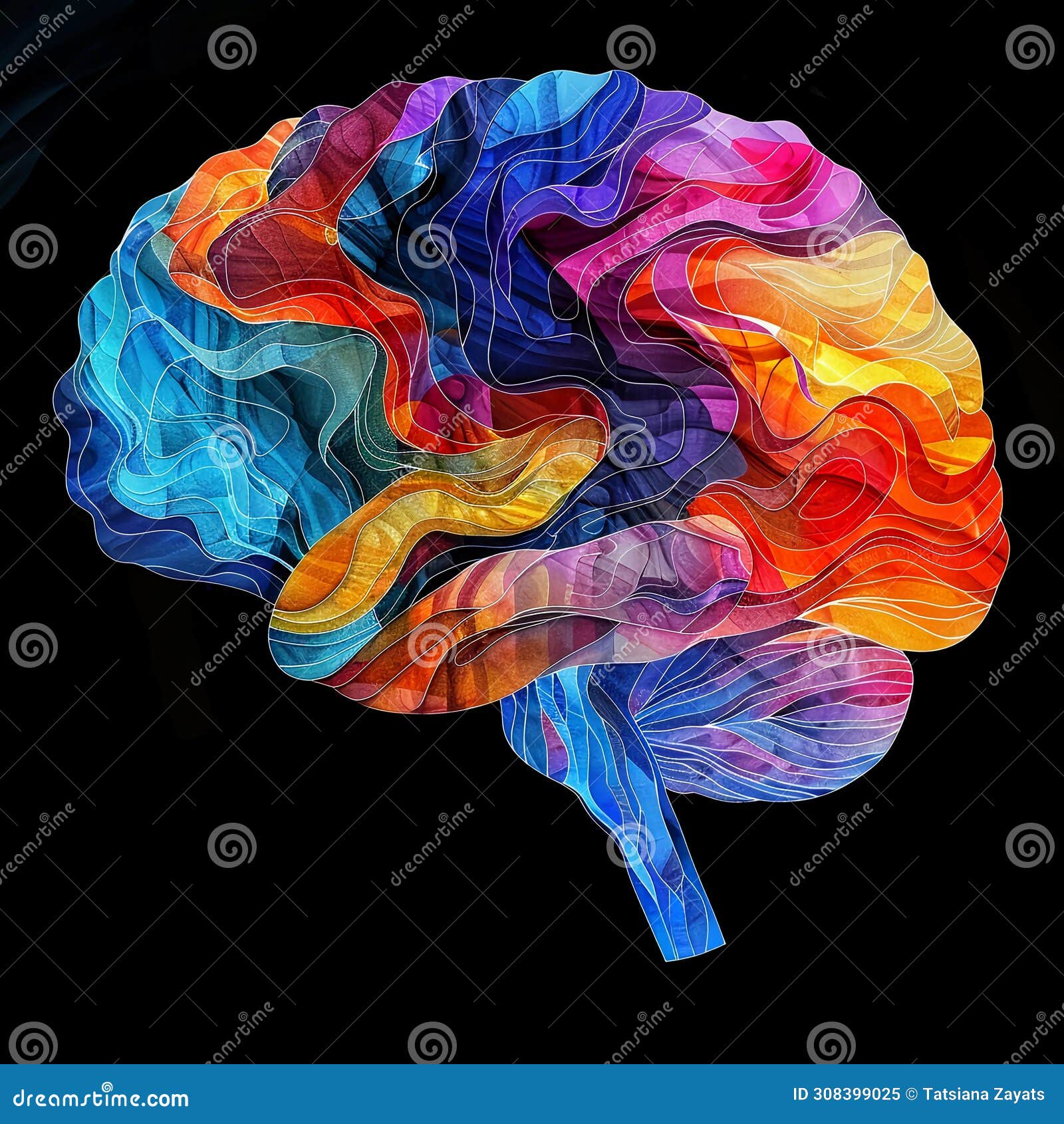 Human Brain with Abstract Wavy Patterns on Black Background. Psychology ...