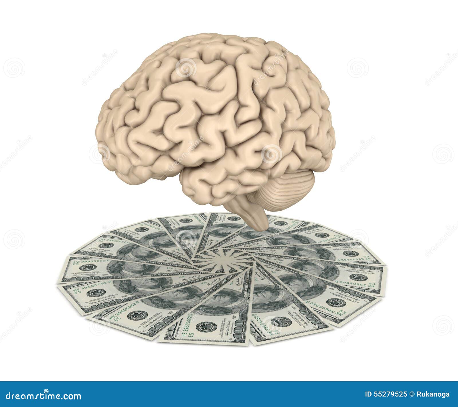 Human Brain and Big Stack of Dollars Stock Illustration - Illustration ...