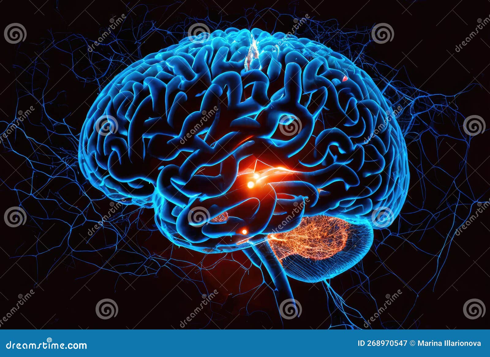 Human Brain Blue Neon Light Neural Network. Generative AI Stock ...