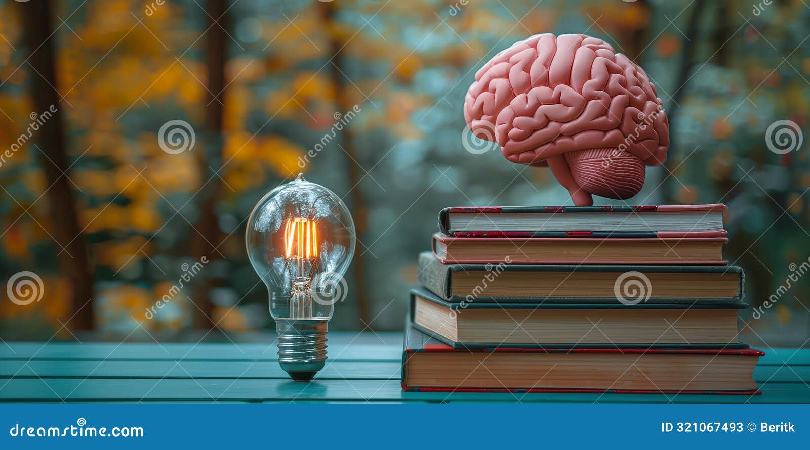 Human Brain with Books and Light Bulb, Education and Science Concept ...