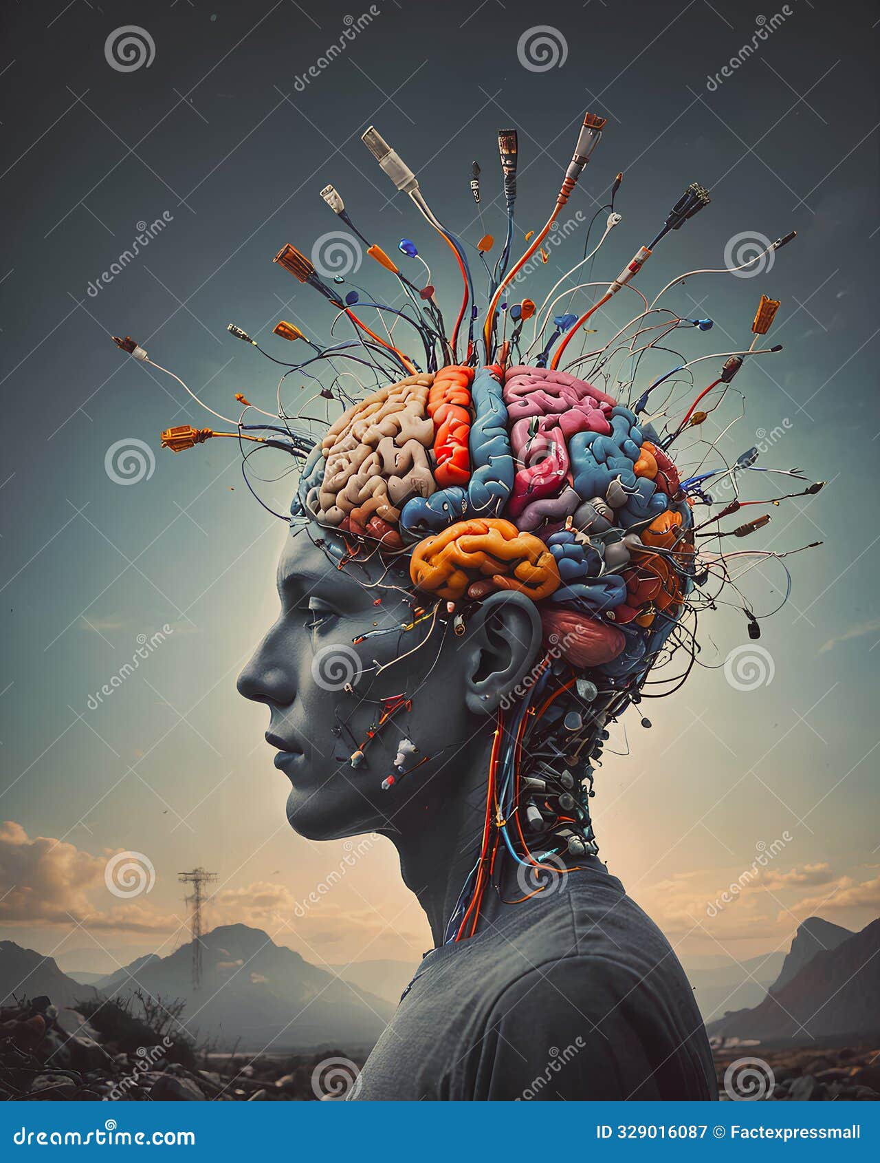 A Man with a Brain Made of Different Colored Wires. Stock Illustration ...