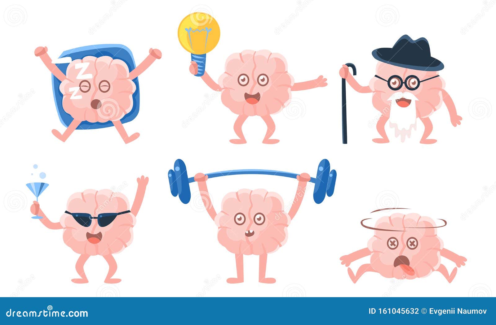 Brain Emoticons. Cute Brains Characters With Different Face Expression ...