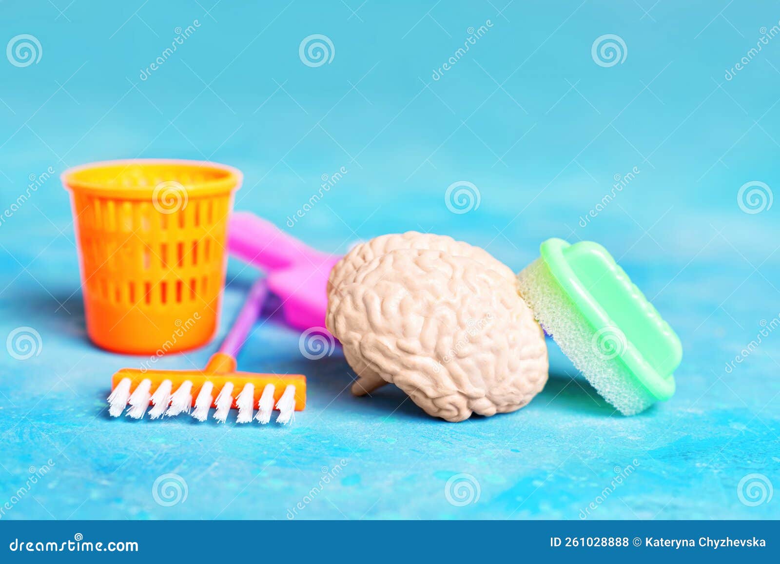 Human Brain and Cleaning Tools on Blue Stock Photo - Image of tools ...