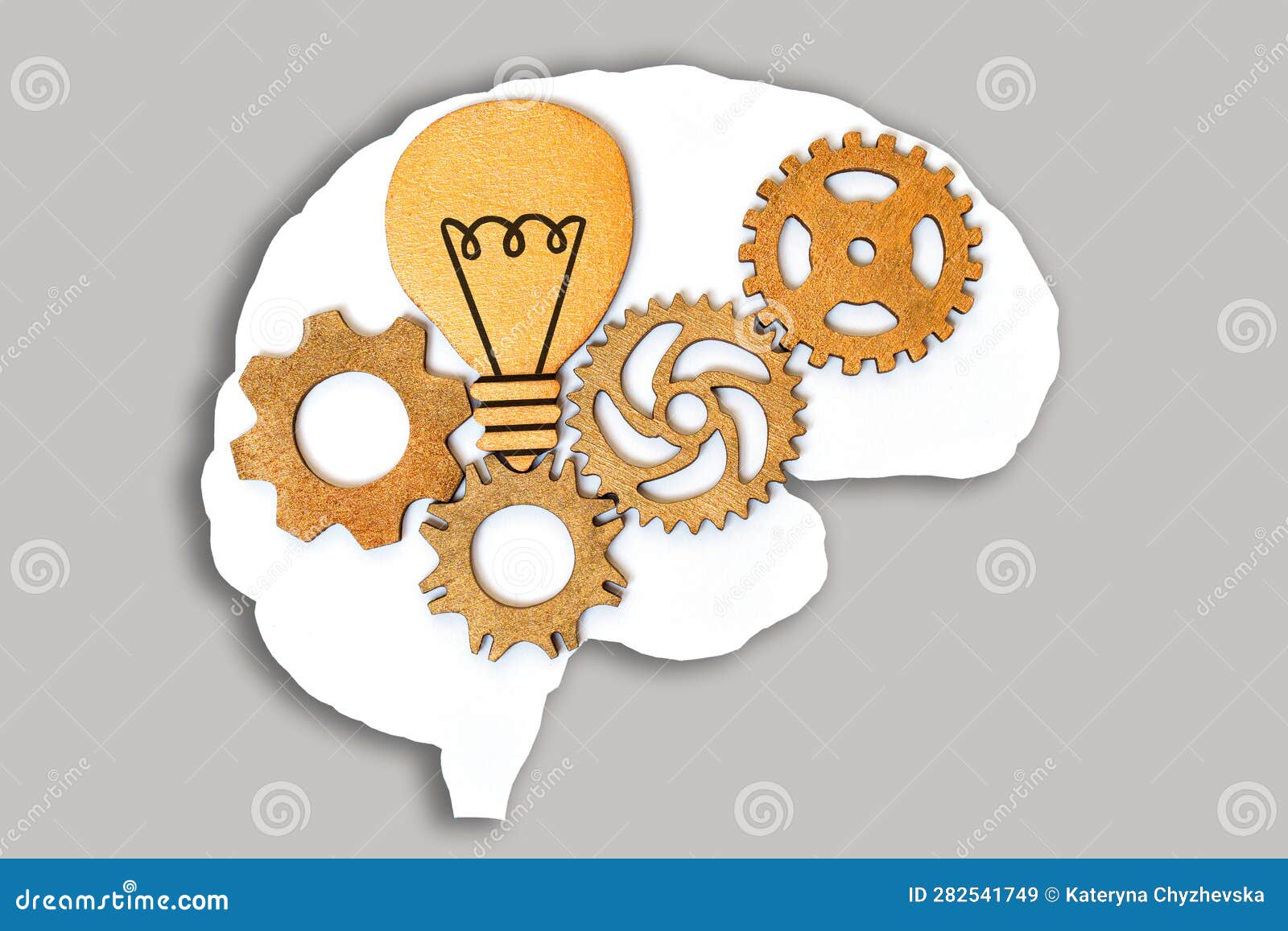 Human Brain with Cogs and Lightbulb on Gray Stock Image - Image of ...