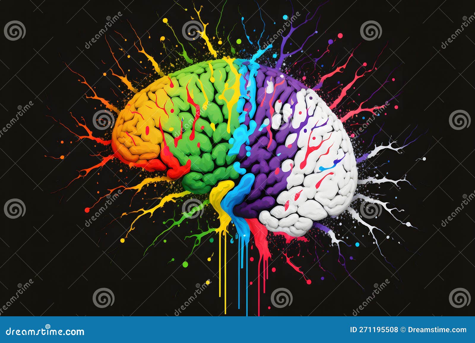 Human Brain in Colorful Splashes on Black Background. Neural Network ...