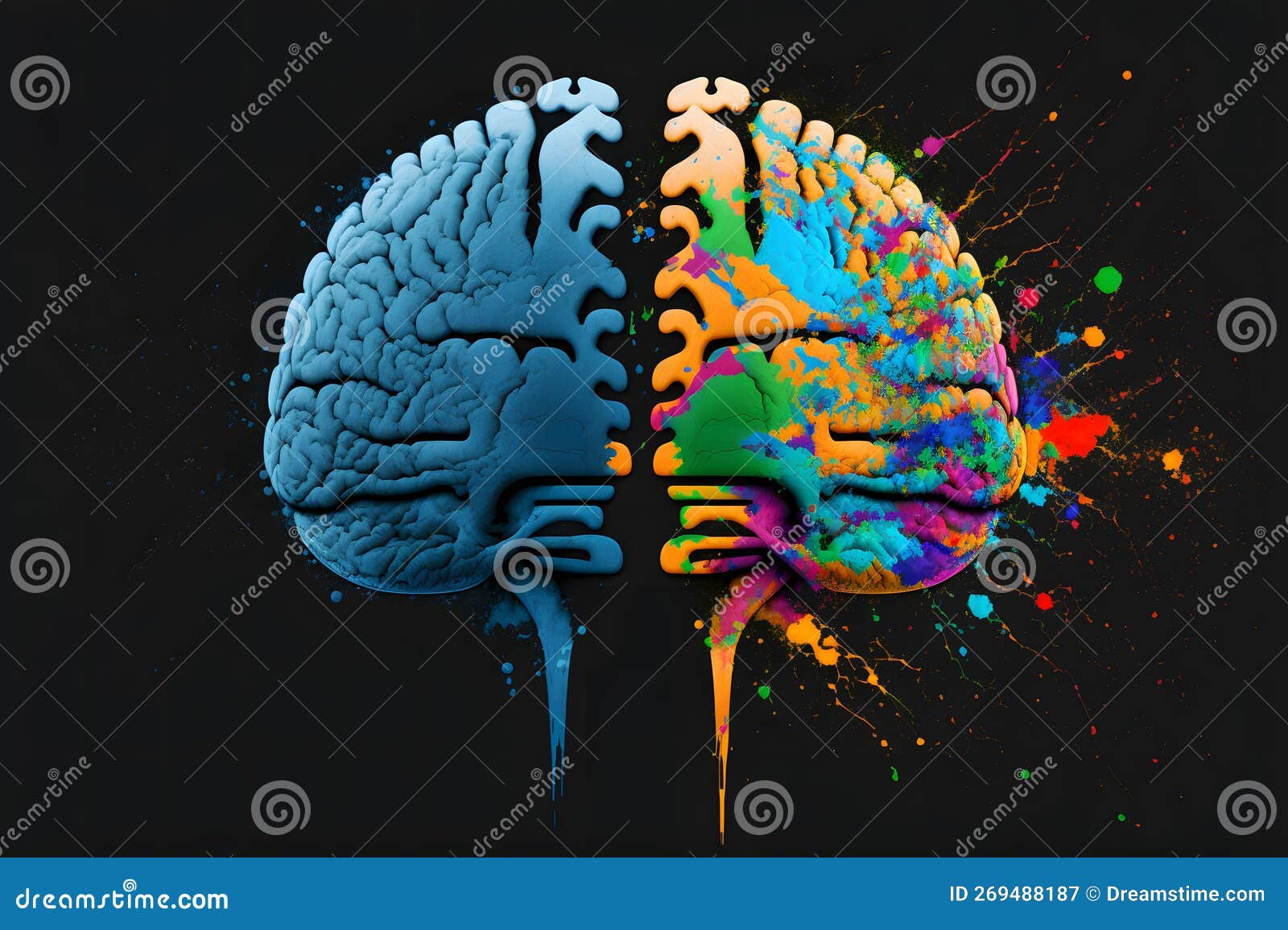 Human Brain in Colorful Splashes on Black Background. Neural Network ...