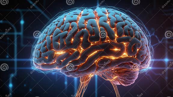 Human Brain Connected To Digital Interfaces, Glowing Neon Data Streams ...