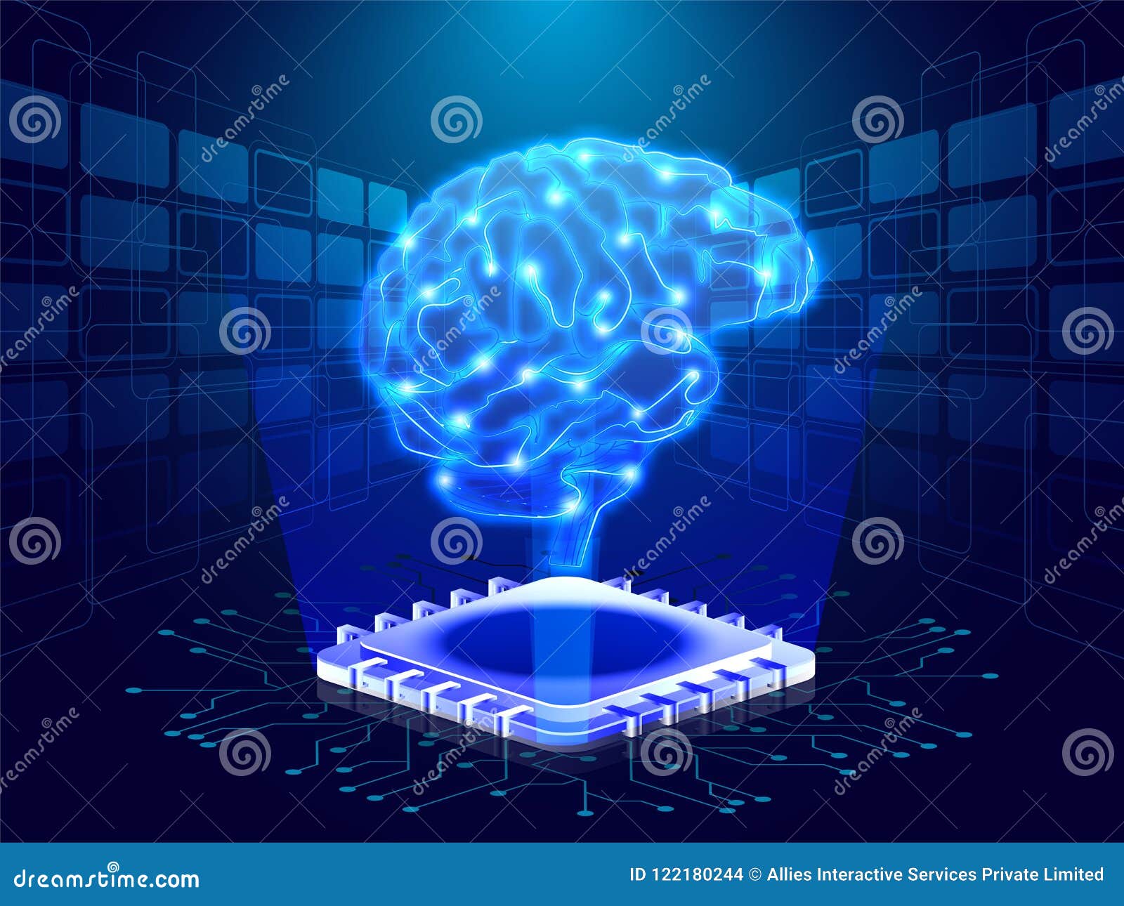Human Brain between Digital Emerging Rays on Blue Sci-fi Stock ...