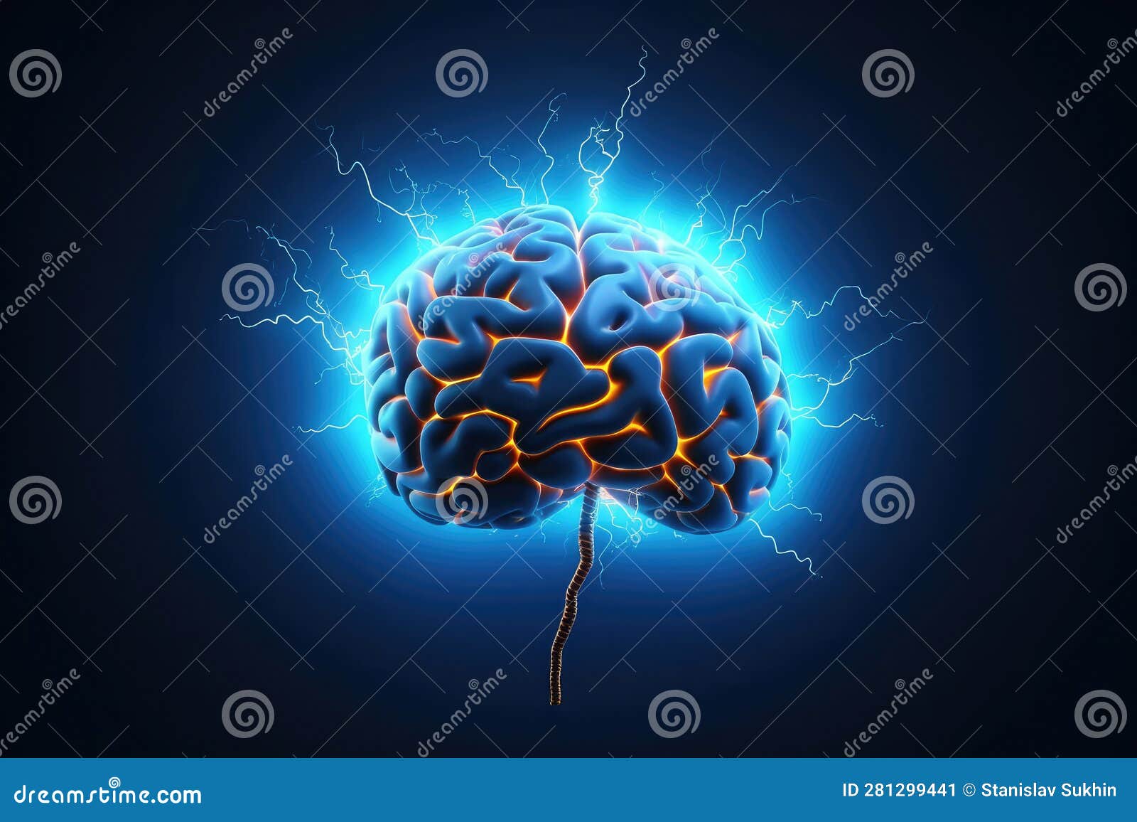 Human Brain Digital Illustration.Flashes and Lightning, Electrical ...