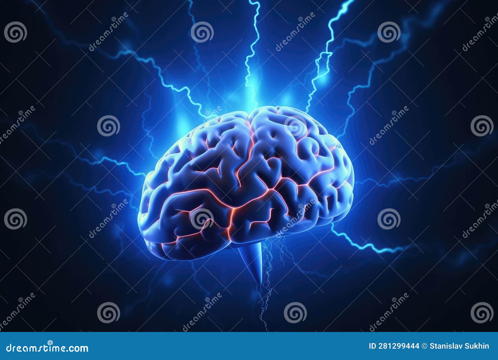 Human Brain Digital Illustration.Flashes and Lightning, Electrical ...