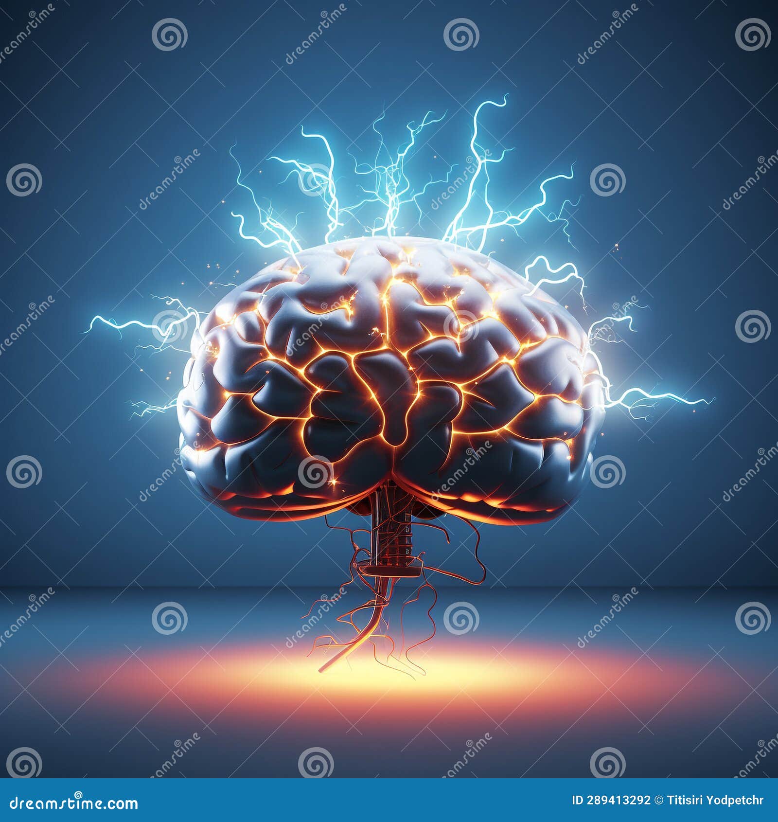 Human Brain with Electric Lightning on Blue Background Stock ...