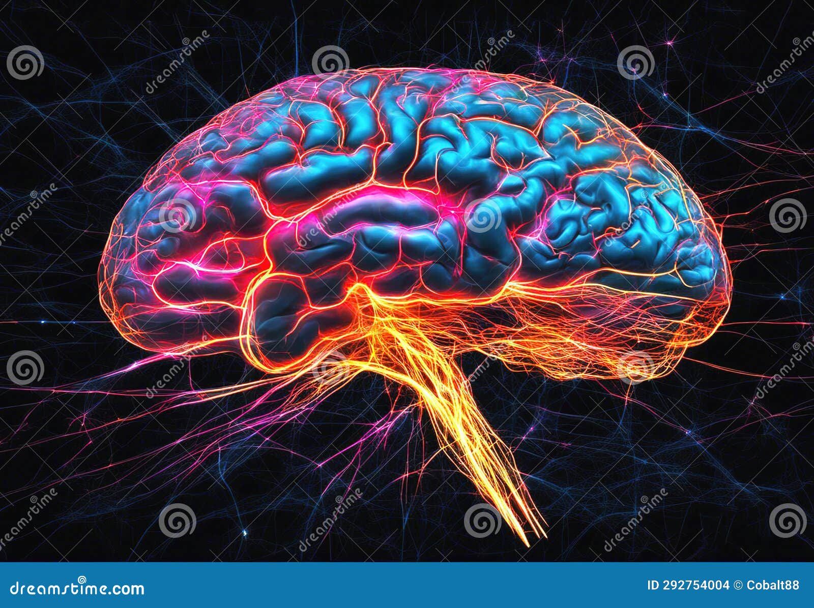 Human Brain with Electrical Activity, Colored Neurons Glowing on Black ...