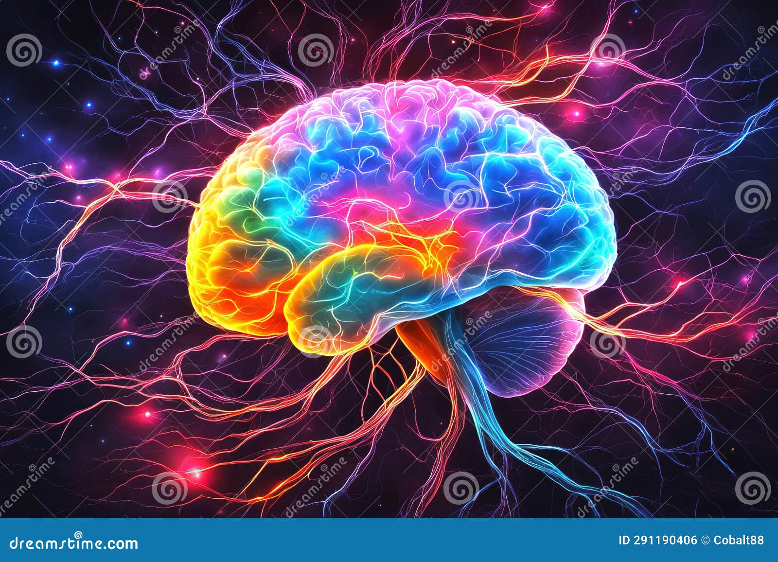 Human Brain with Electrical Activity, Colored Neurons Glowing on Black ...
