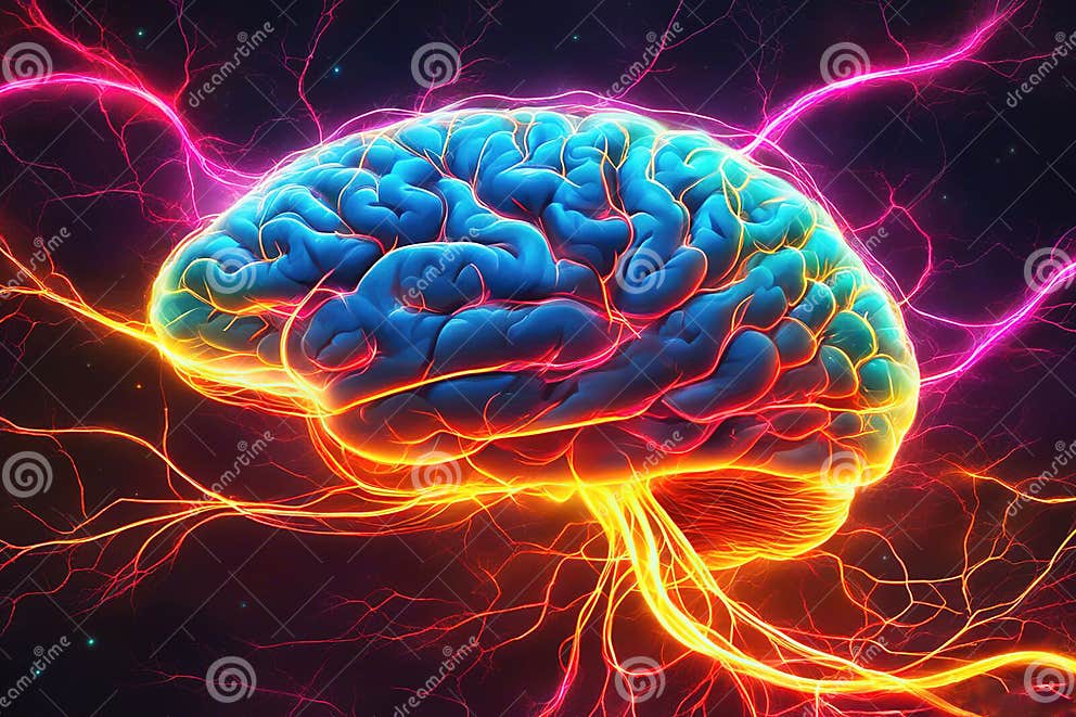 Human Brain with Electrical Activity, Colored Neurons Glowing on Black ...