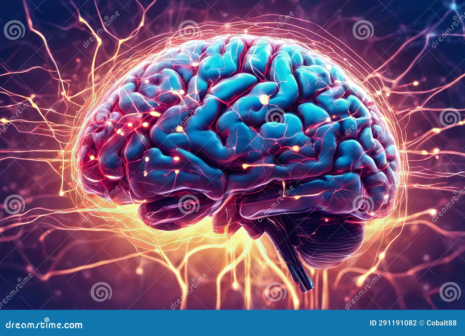 Human Brain with Electrical Activity, Colored Neurons Glowing on Black ...