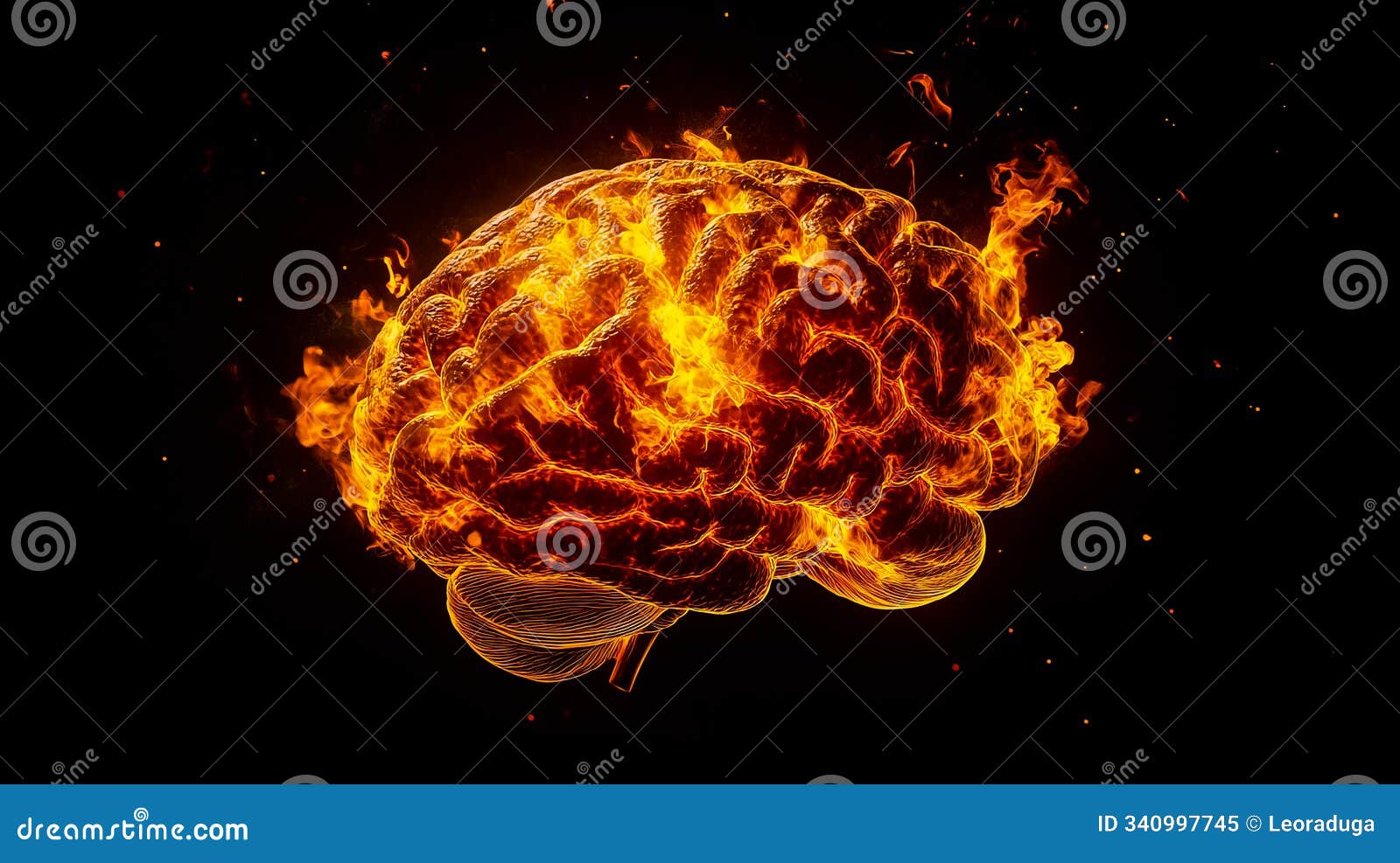 Human Brain in Flame on a Black Background, Showcasing Intricate ...