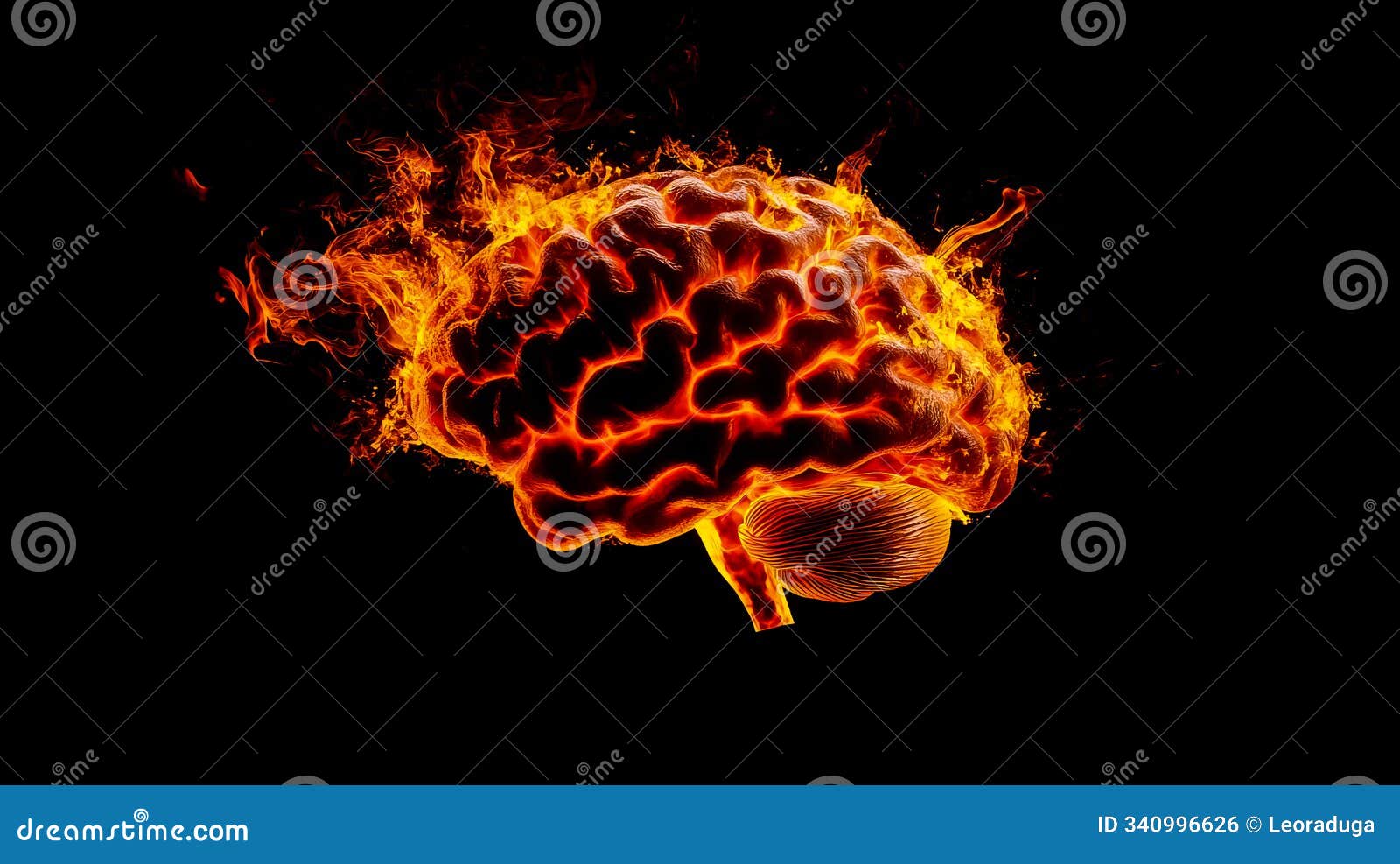 Human Brain in Flame on a Black Background, Showcasing Intricate ...