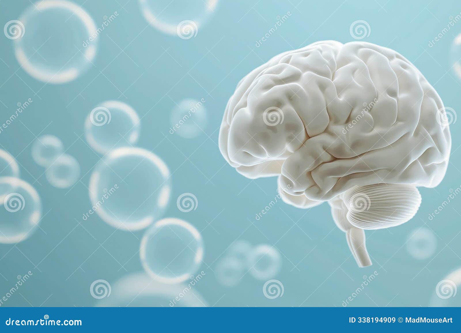 Human Brain with Flying Soap Bubbles on Blue Background Stock ...