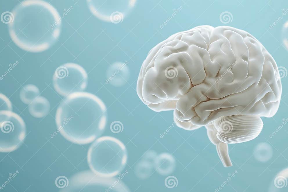 Human Brain with Flying Soap Bubbles on Blue Background Stock ...
