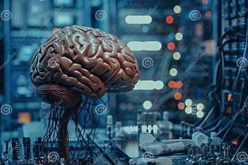 Human Brain in Front of a Computer Mainboard. Technology Concept Stock ...