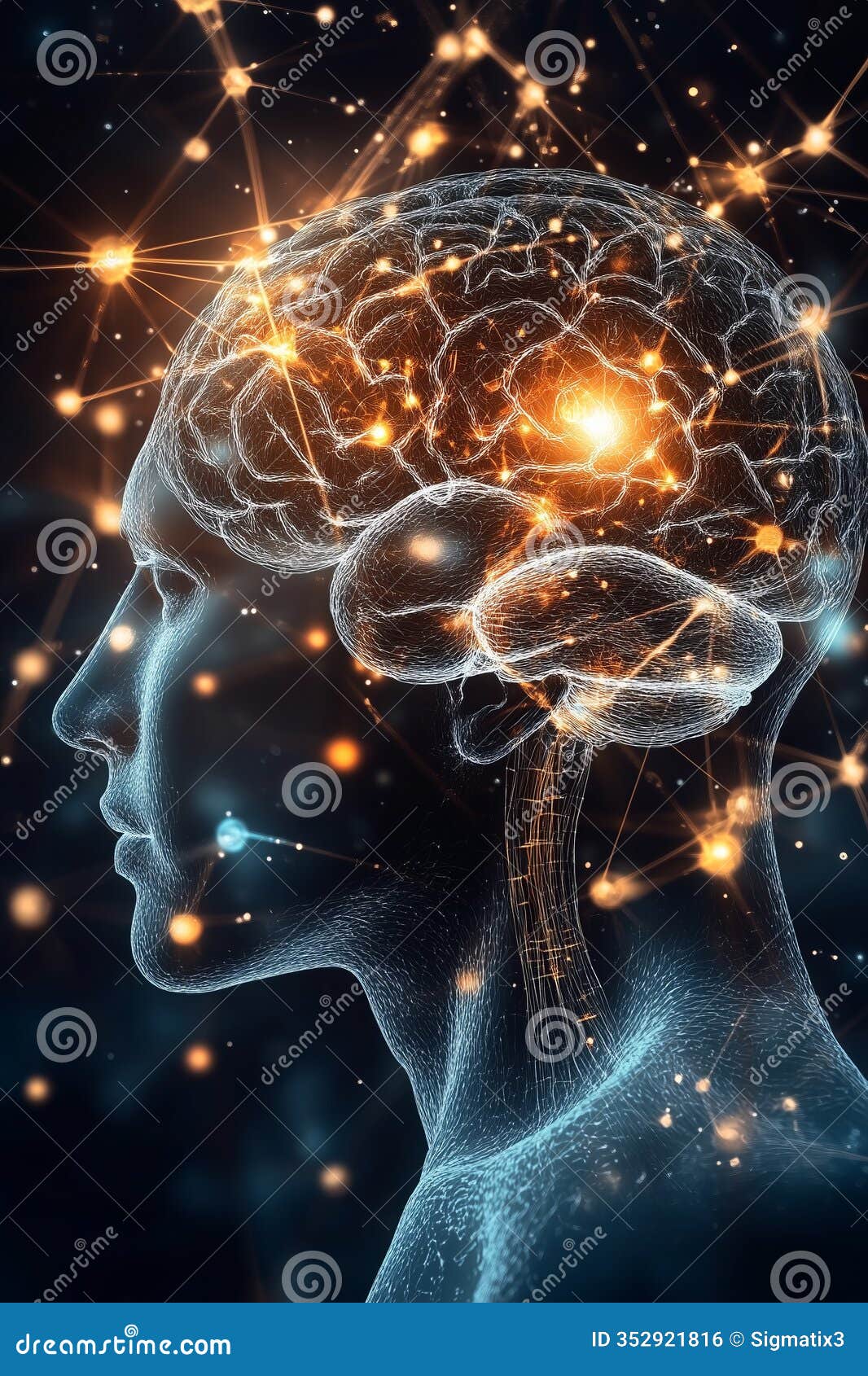 Human Brain Glowing and Activating Neural Connections Inside a Digital ...