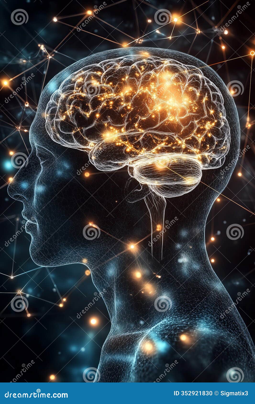 Human Brain Glowing and Activating Neural Connections Inside a Digital Head Stock Illustration ...