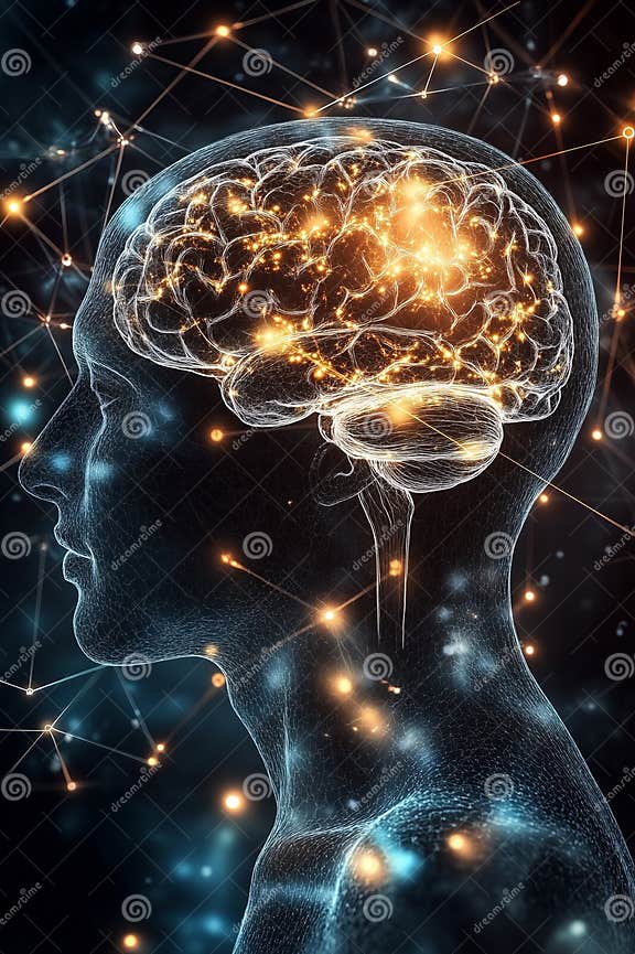 Human Brain Glowing and Activating Neural Connections Inside a Digital ...
